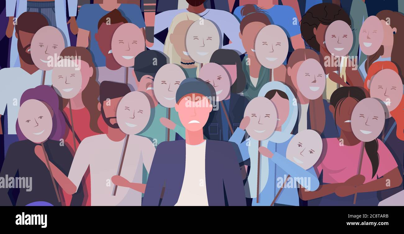 people crowd holding positive masks men women group covering face ...