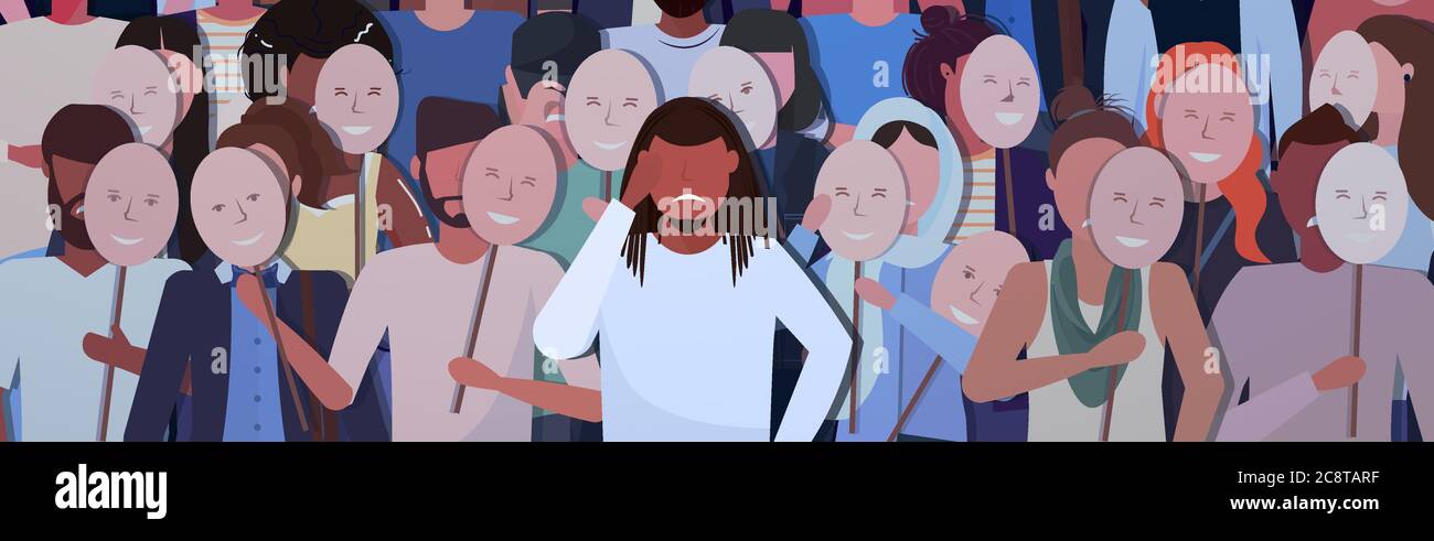 people crowd holding positive masks men women group covering face ...