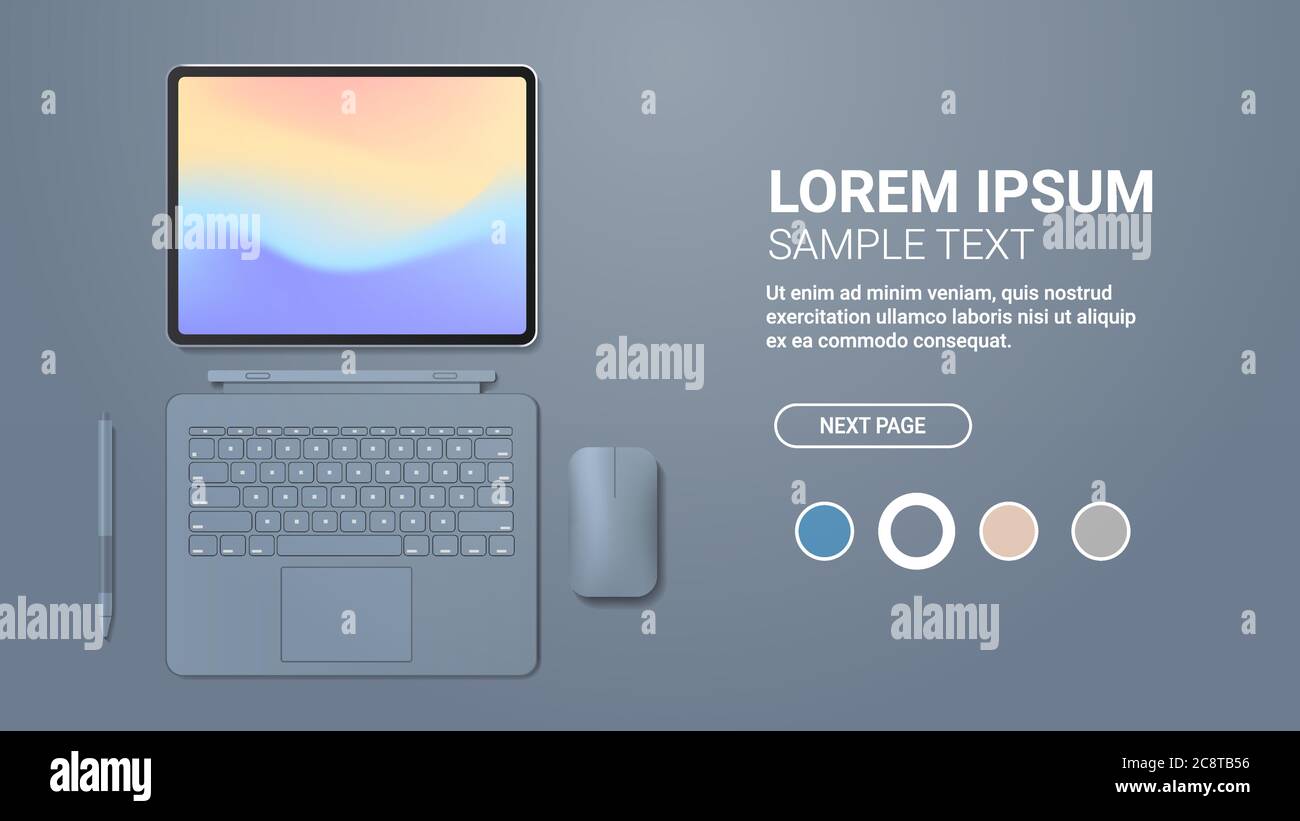 modern tablet computer with keyboard mouse pen and colored screen ...