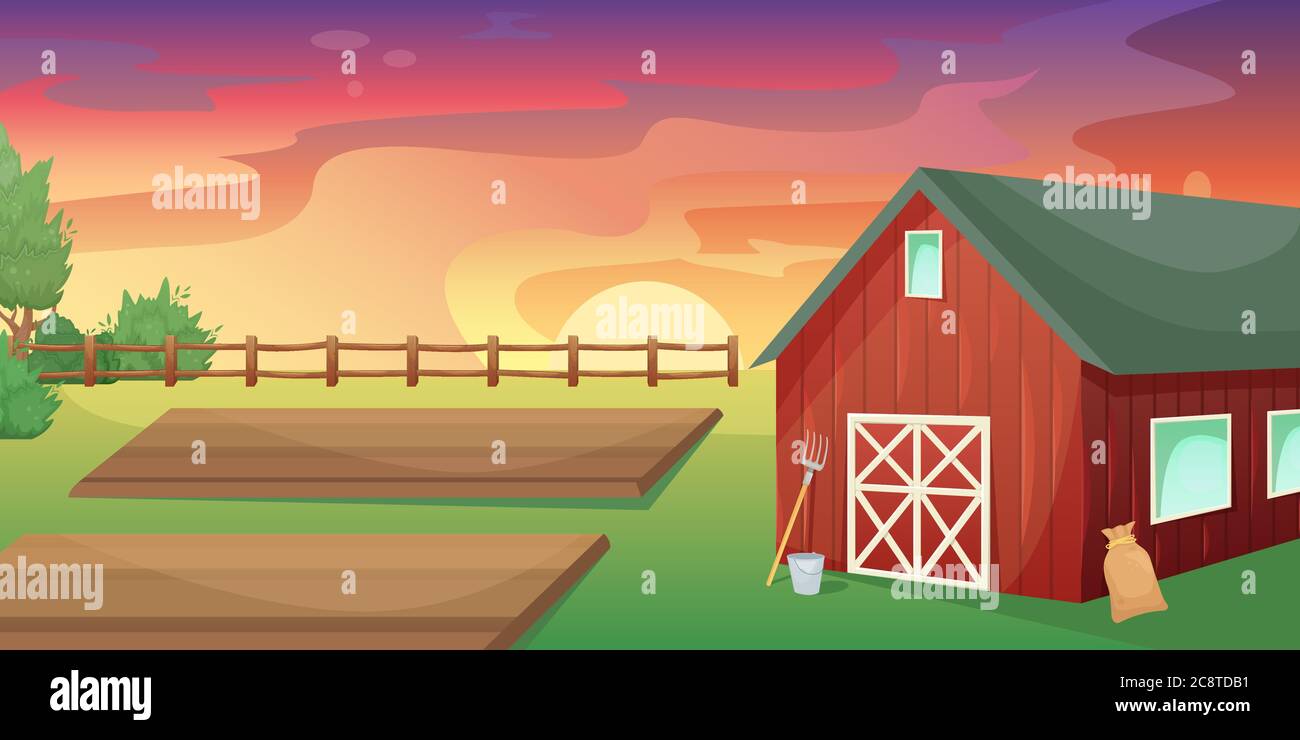 Retro red American barn in an agricultural field. Farming, harvest ...