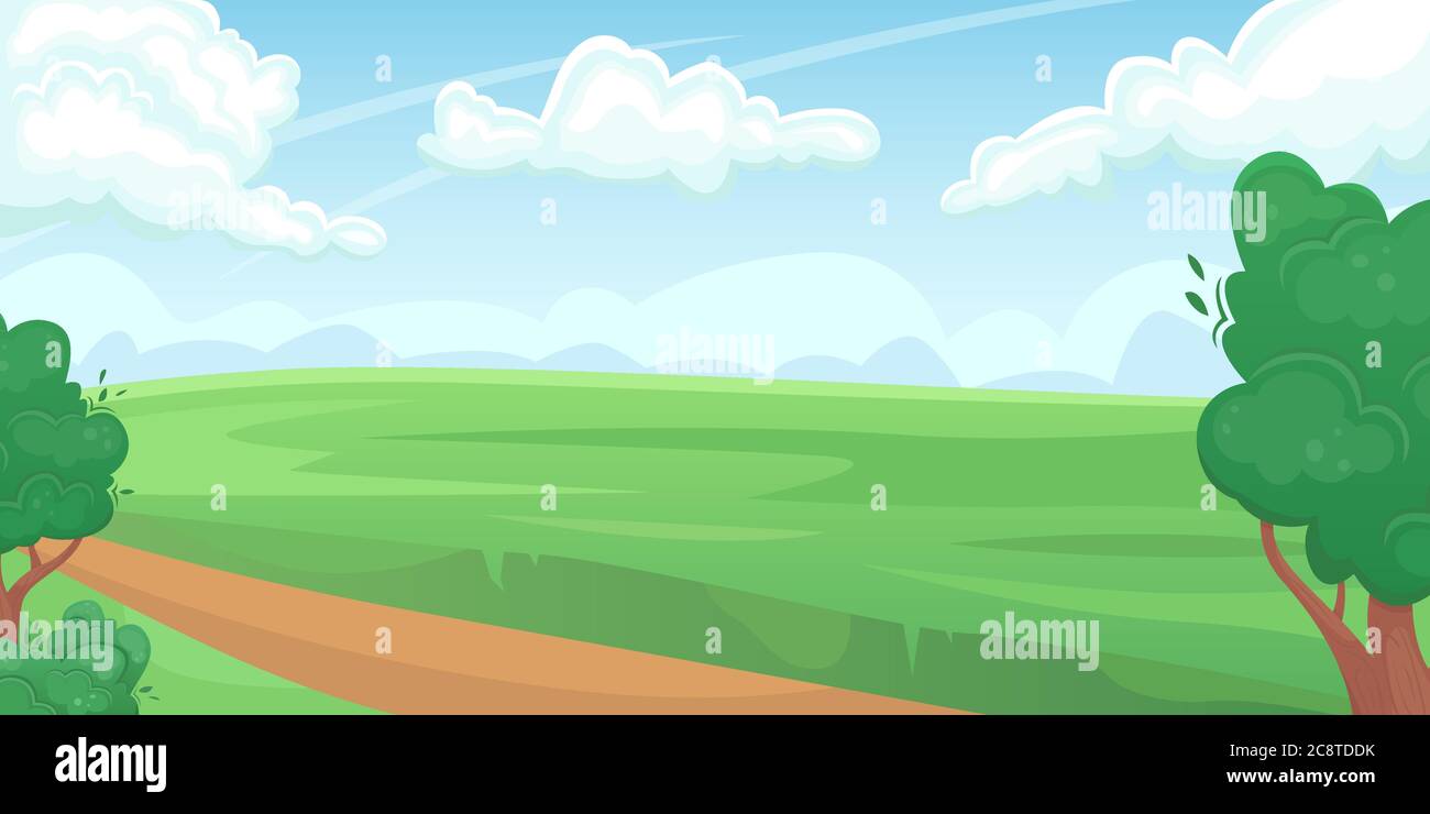 Horizontal landscape of a green summer field with a dirt road. Natural ...