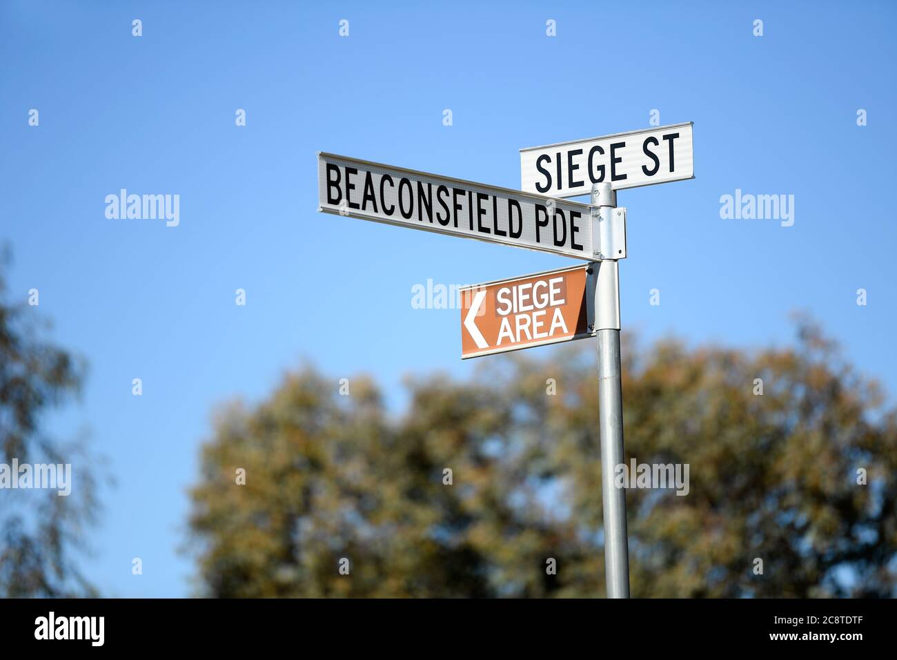 Road sign points to Siege Street, site of the famous Ned Kelly battle ...