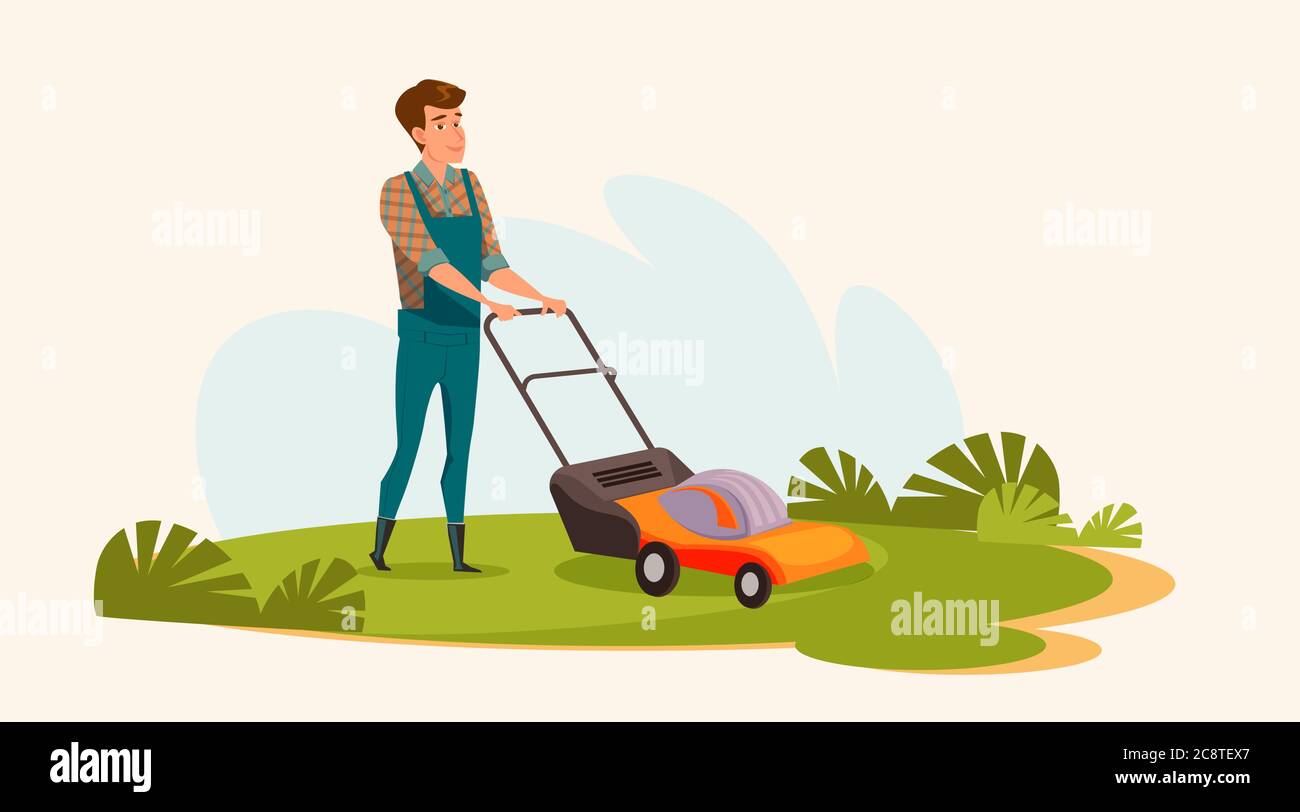 Young man mowing lawn flat vector illustration Stock Vector Image & Art ...