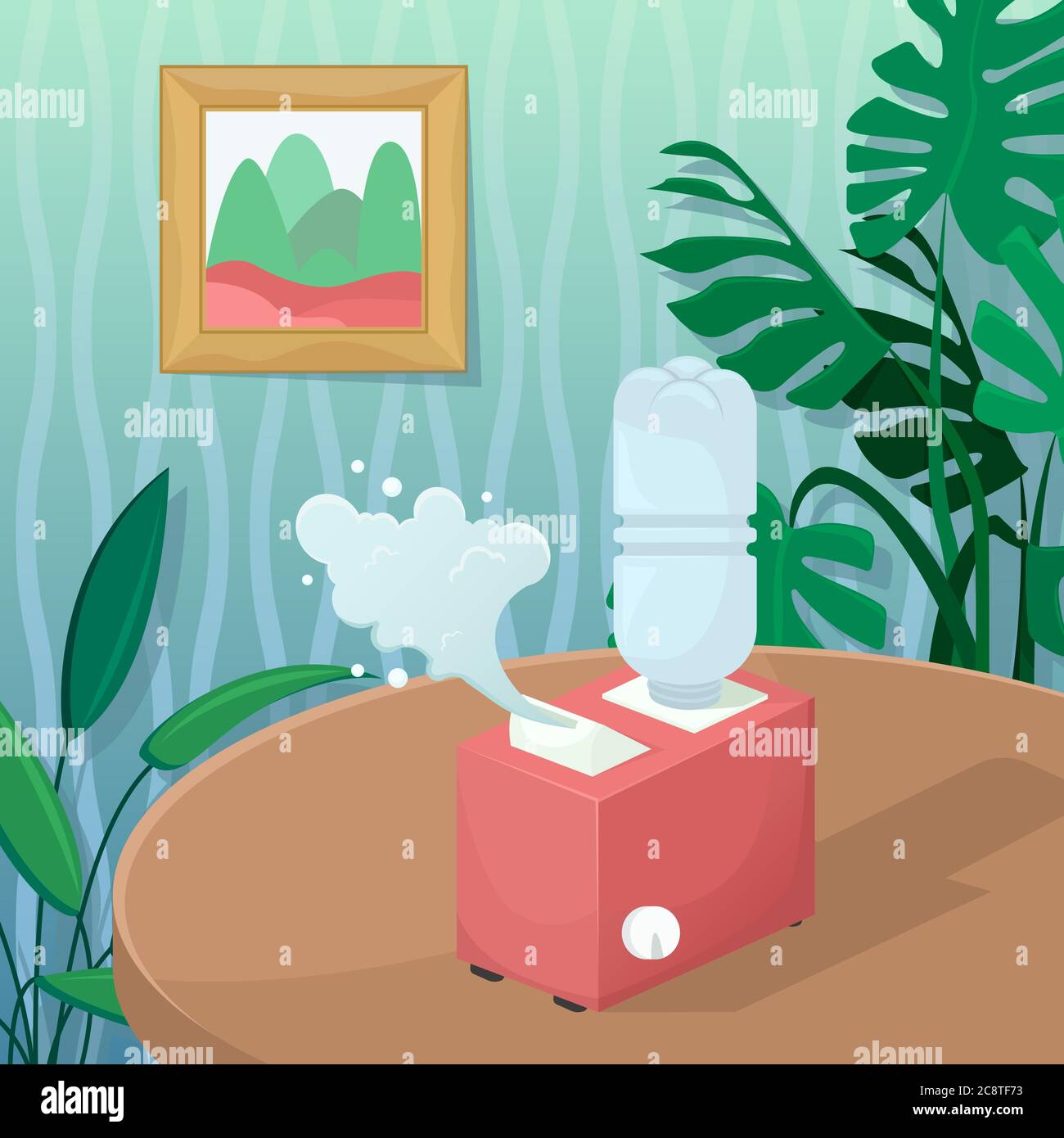 Vector illustration with a humidifier in a cozy room with plants ...