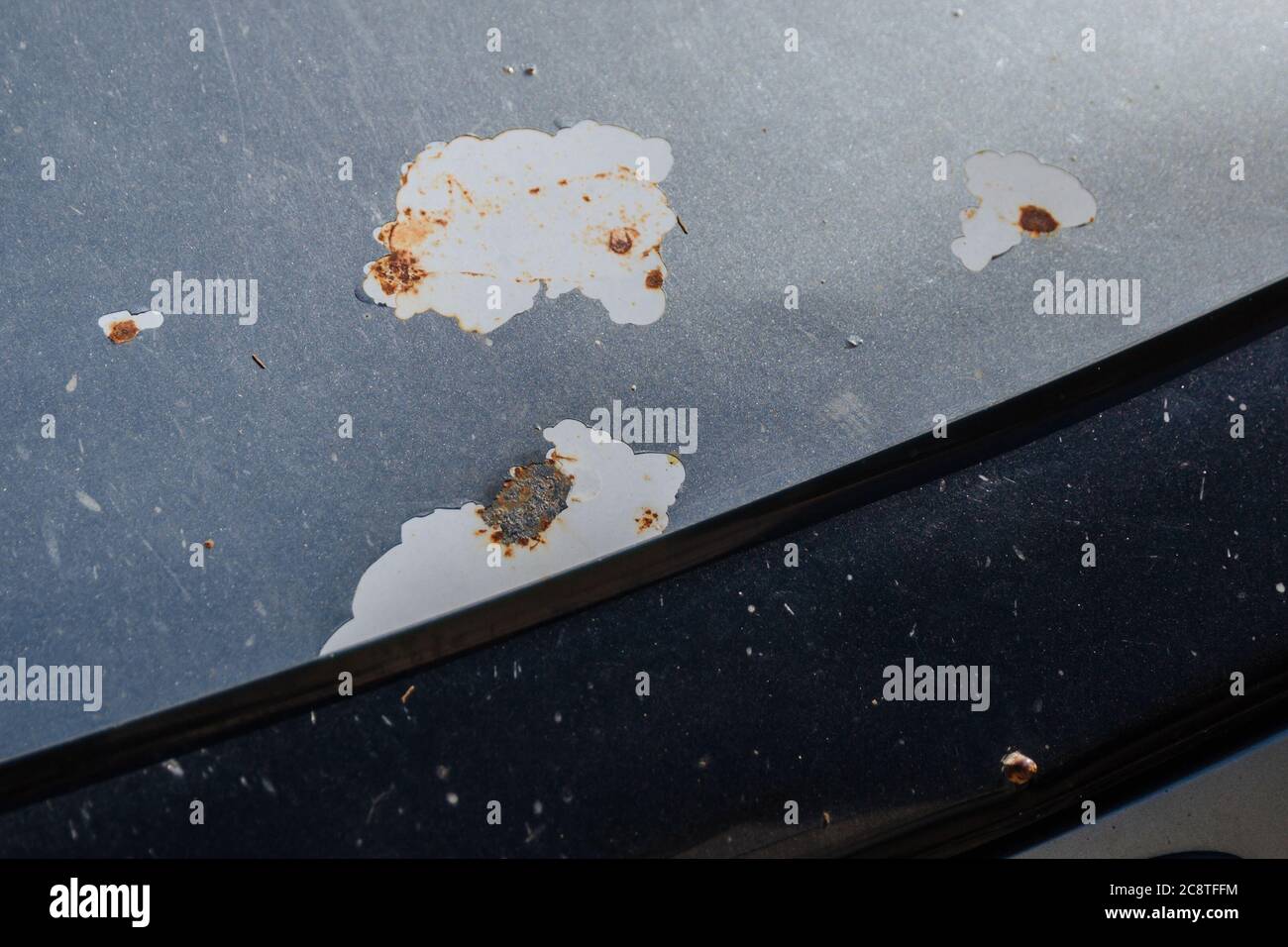 Car bonnet with damaged metal protective coating. A cleaned coat of ...