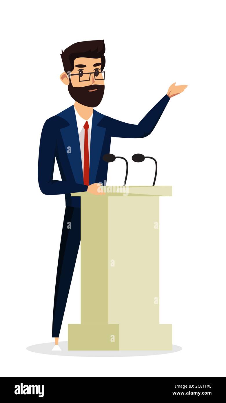 Business conference flat vector illustration. Speaker on stage cartoon ...