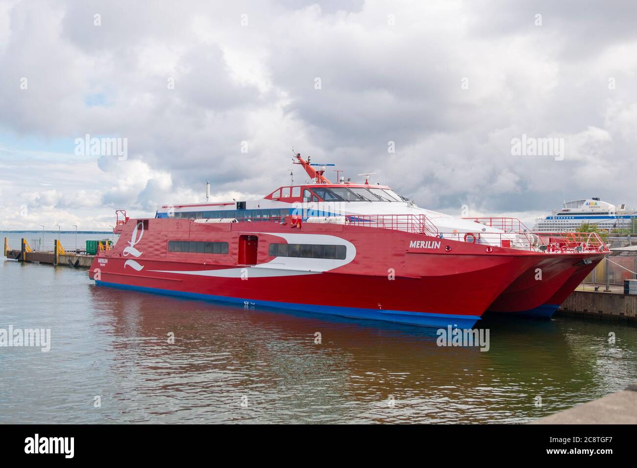 The iconic red Linda Line fast catamaran boat, Merlin, at dock on the ...