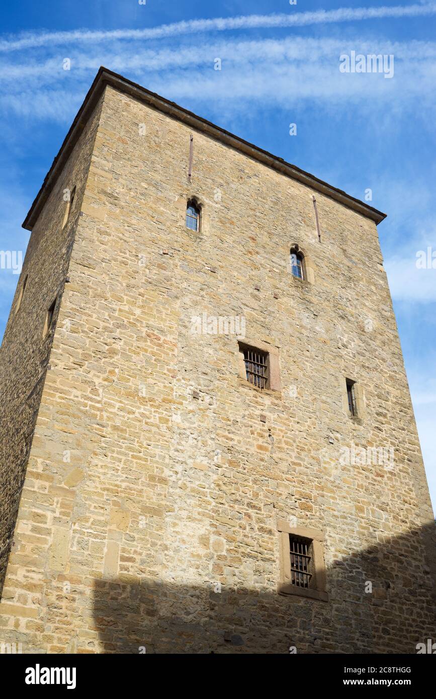 Medieval tower, known as the prison tower or clock tower, in the city ...