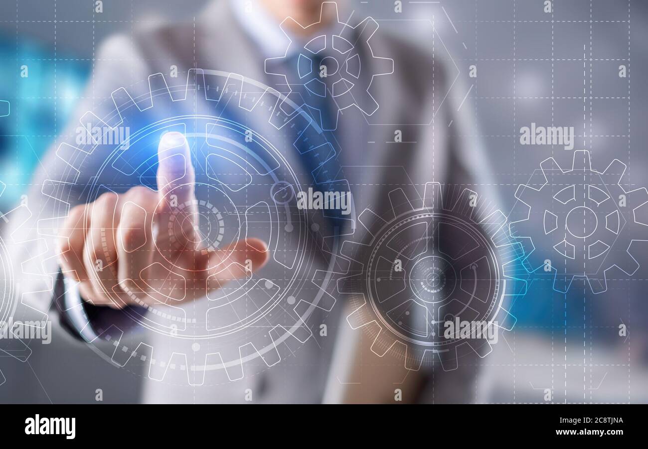 Businessman hand draws gear to success concept. 3D Gear Virtual Screen ...