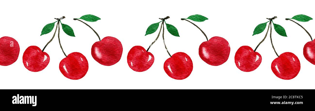 seamless border with red cherries, watercolor food illustration with ...
