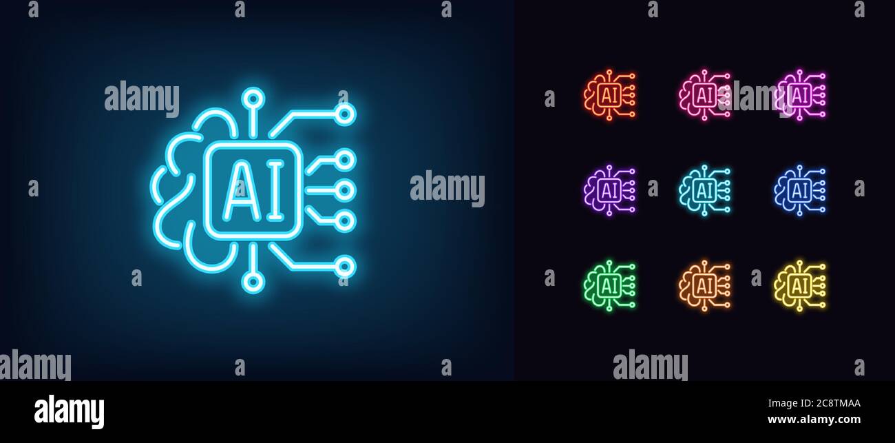Neon AI icon. Glowing neon artificial intelligence sign, digital mind ...