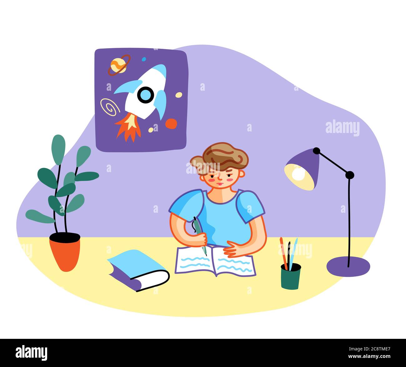 School boy doing homework flat vector illustration Stock Vector Image ...