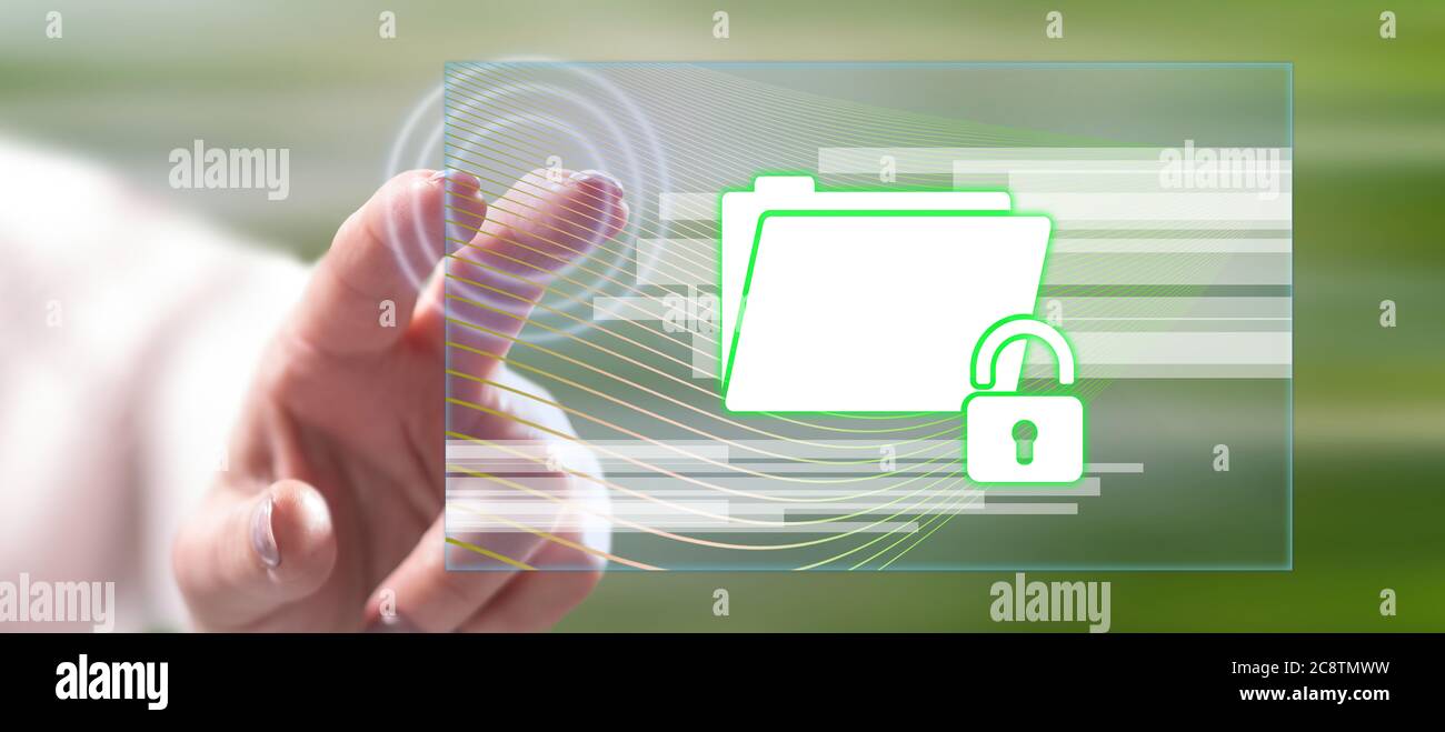 Woman touching a data protection concept on a touch screen with her ...