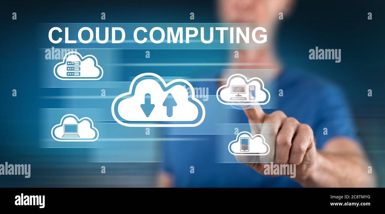 Man touching a cloud computing concept on a touch screen with his ...