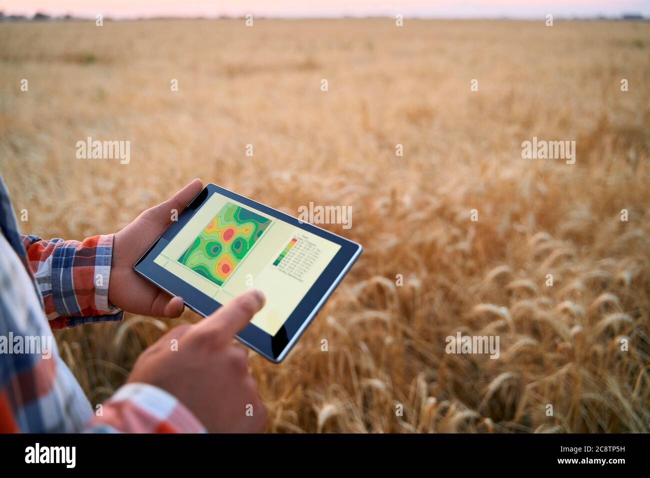 Precision farming. Farmer hands hold tablet using online data ...