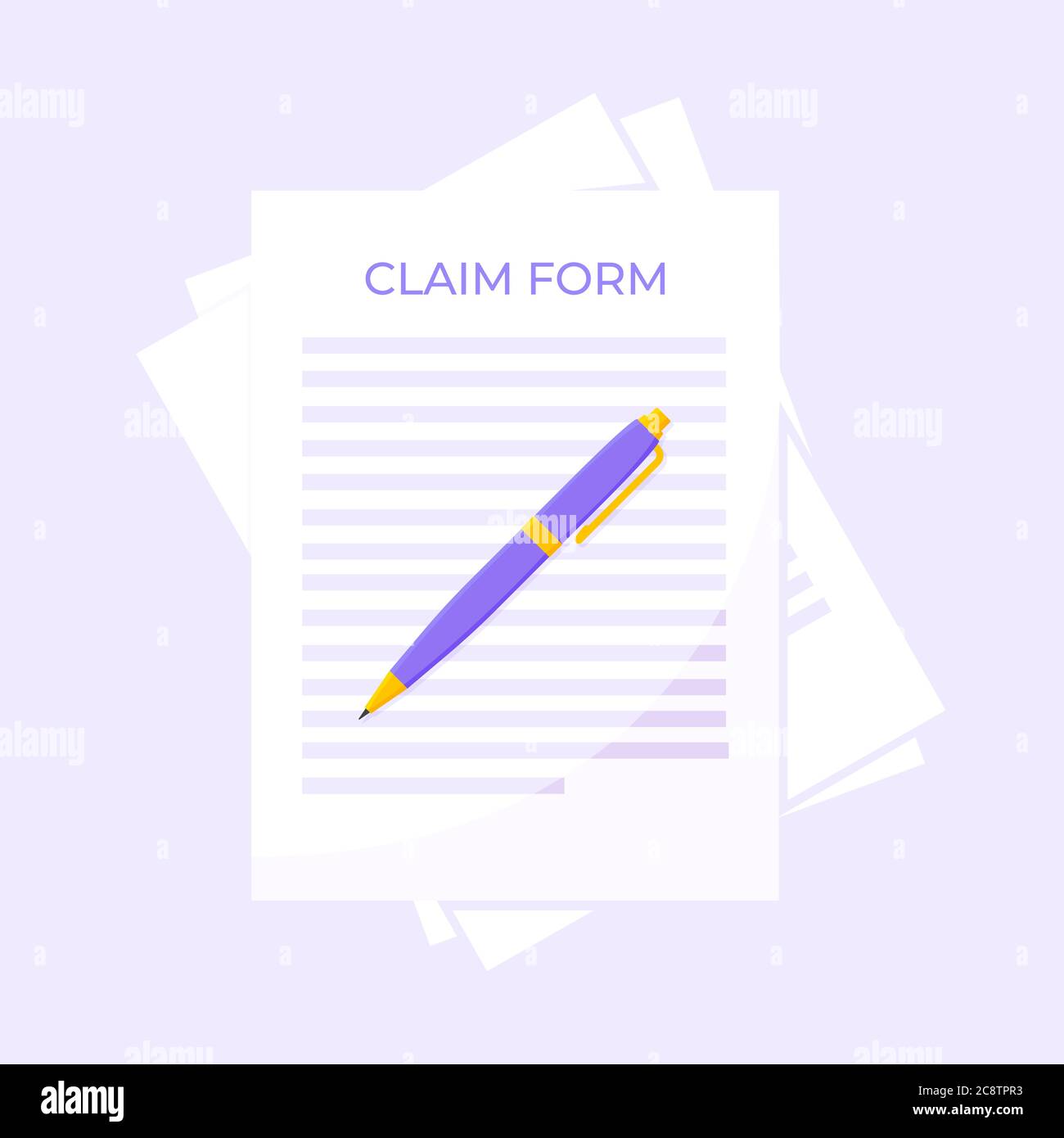 Claim form paper sheets, pen isolated on gray background flat style ...