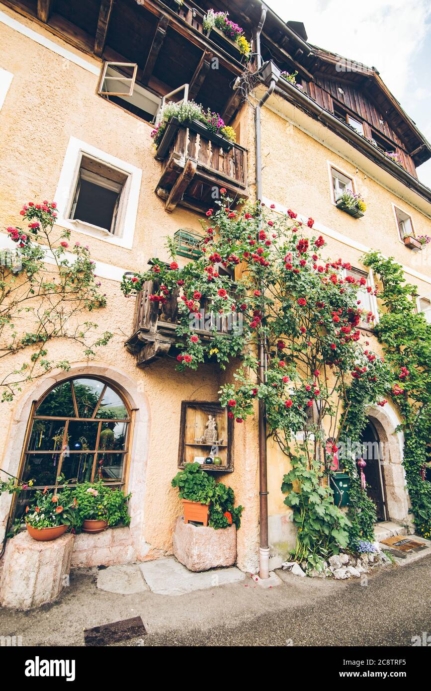 Hallstatt, Austria - June 15, 2019: view of cafe building decorated ...