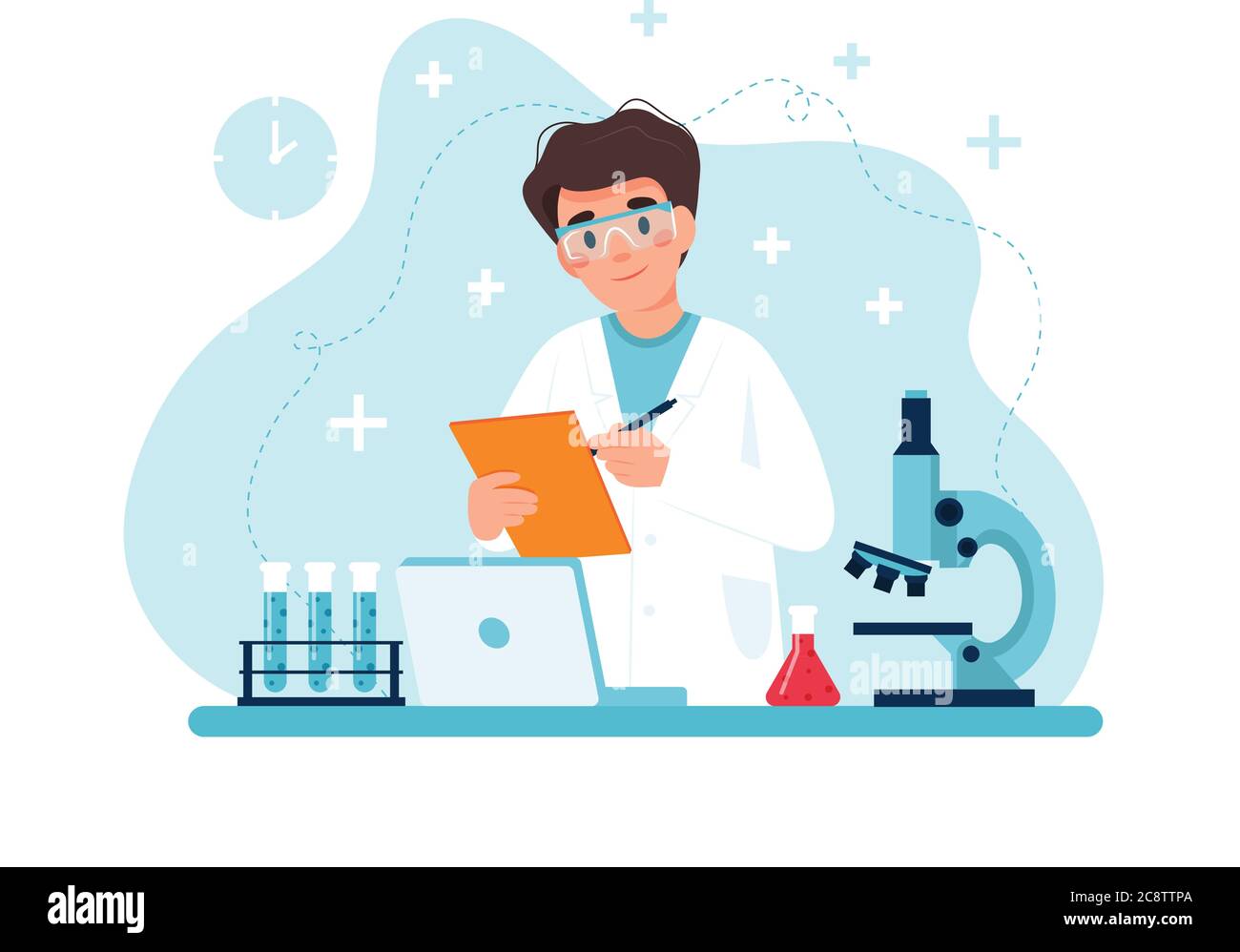 Scientist at work, male character conducting experiments in lab. Vector ...