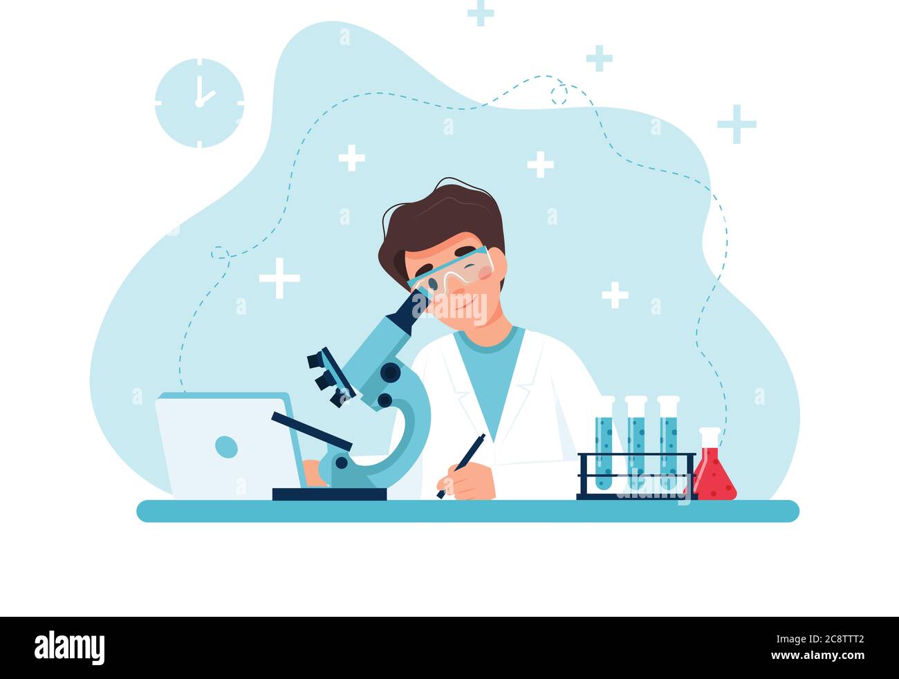 Scientist at work, male character conducting experiments with ...