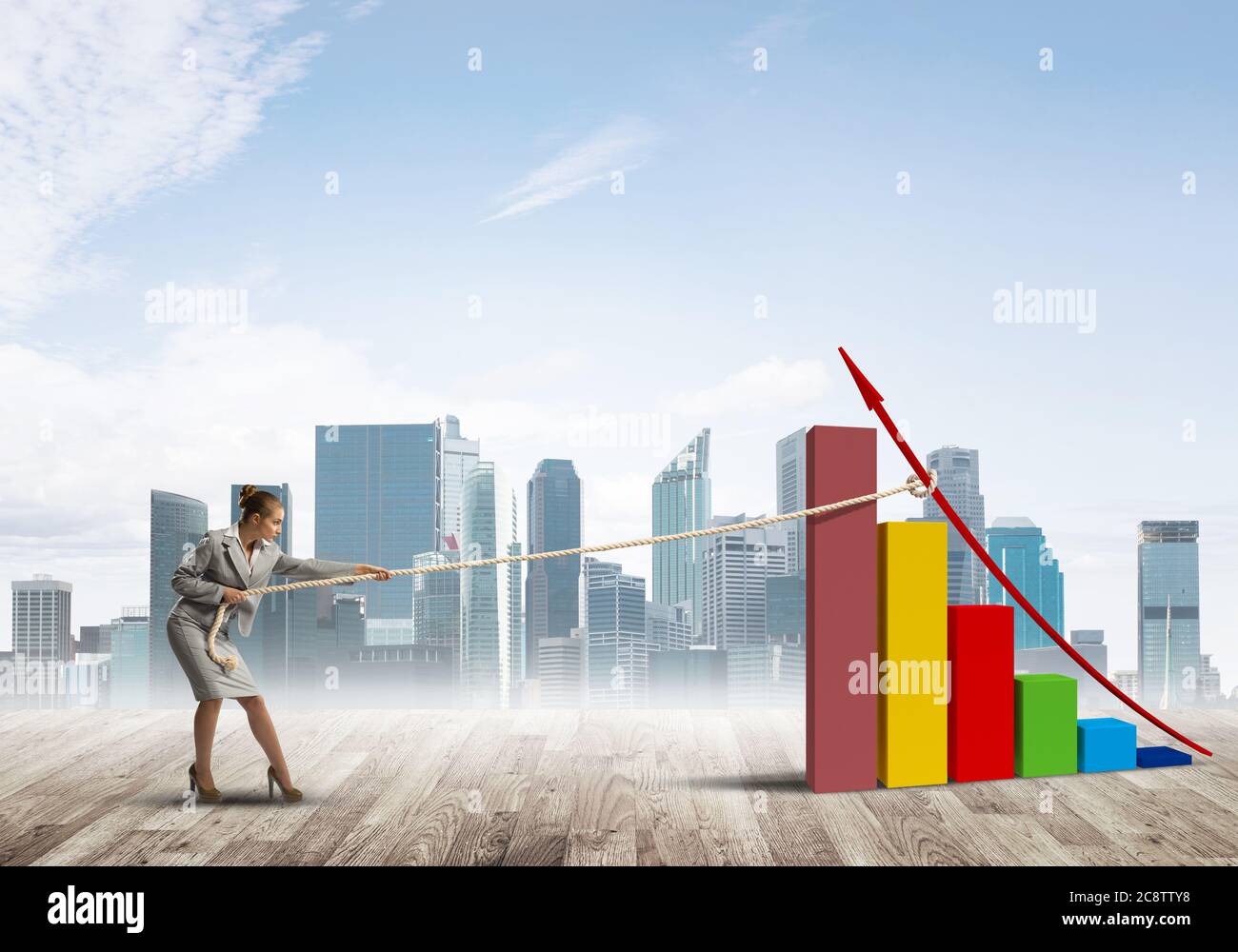 Businesswoman pulling graph with rope as concept of power and control ...
