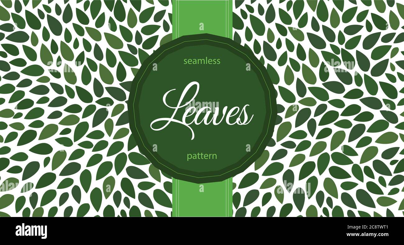Seamless leaves pattern. Circle label with text on a background of ...