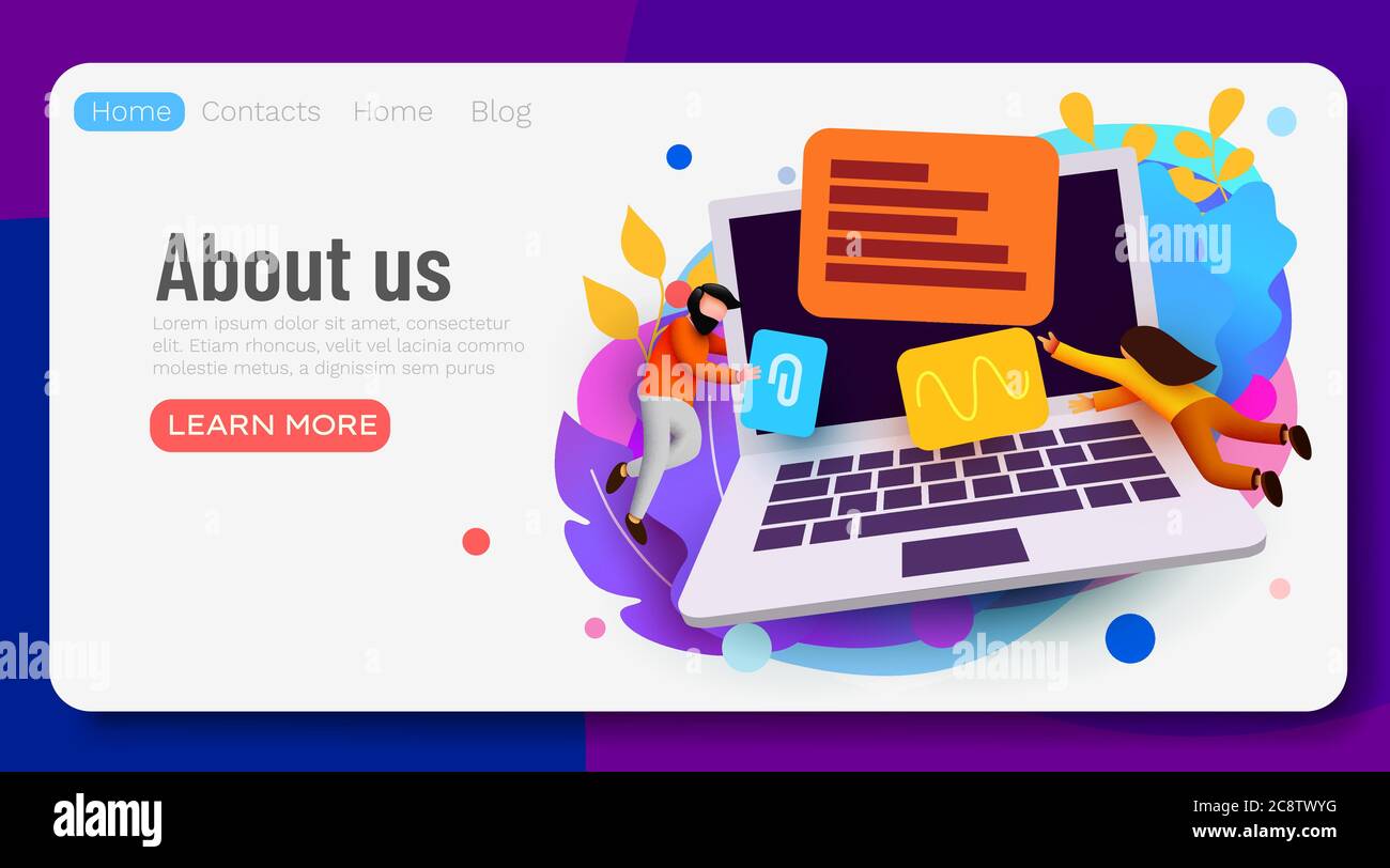 People flying around big laptop. Computer service or development ...