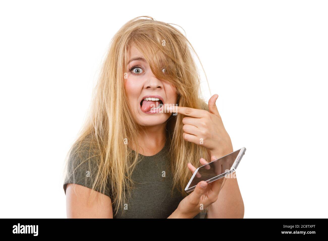 Unpleasant conversation, bad relationships, concept. Crazy young blonde ...