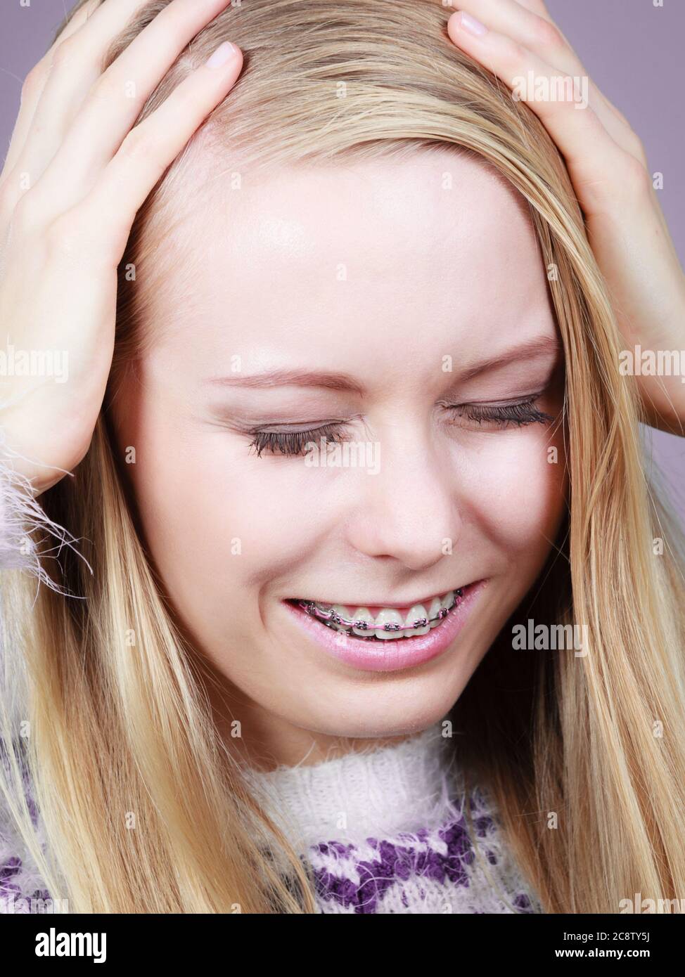 Happiness, human reactions, face expressions concept. Happy blonde ...