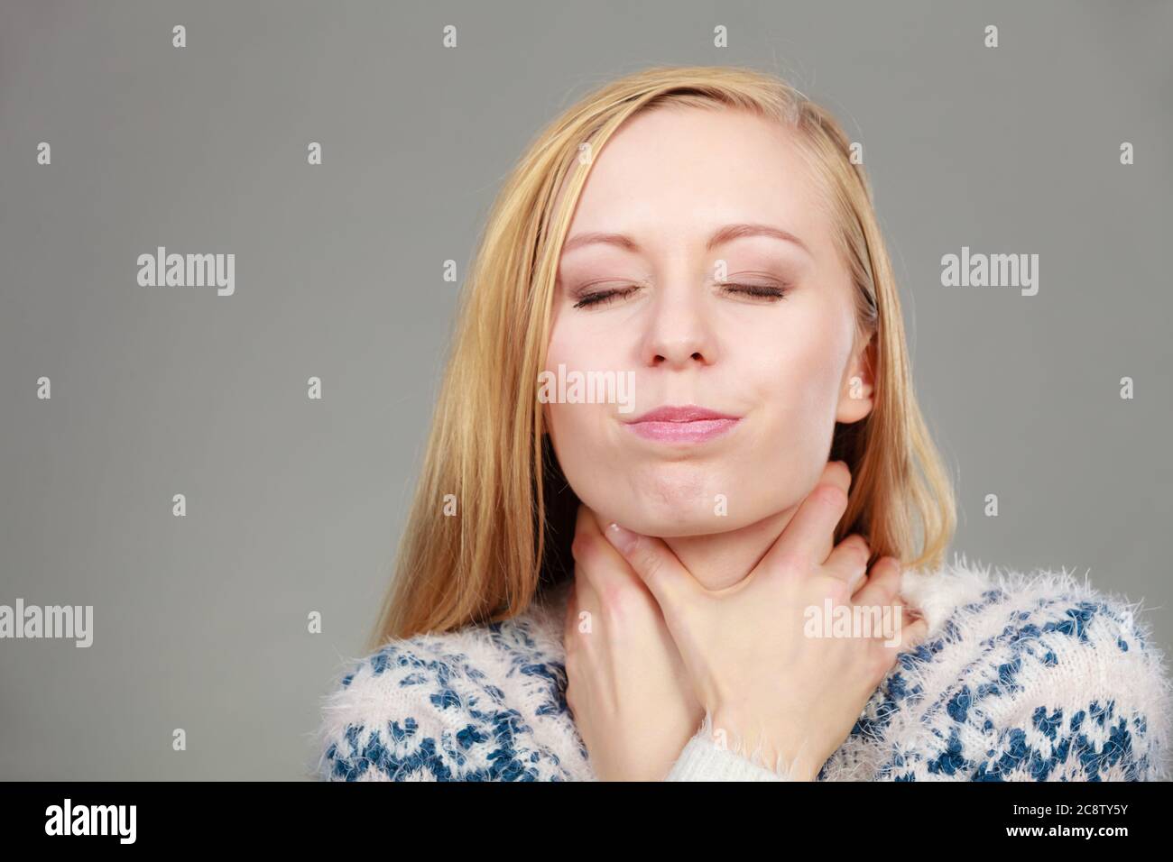 Feeling bad, disease, illness problem concept. Woman having sore throat ...