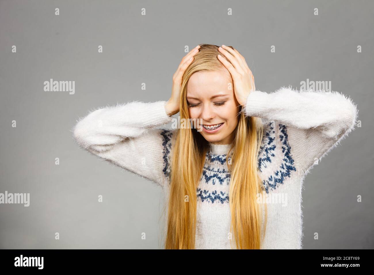 Happiness, human reactions, face expressions concept. Happy blonde ...