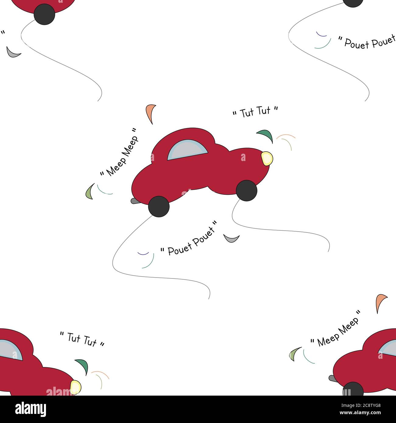 Funny red car in the shape of a cloud. With car noise. Seamless pattern ...