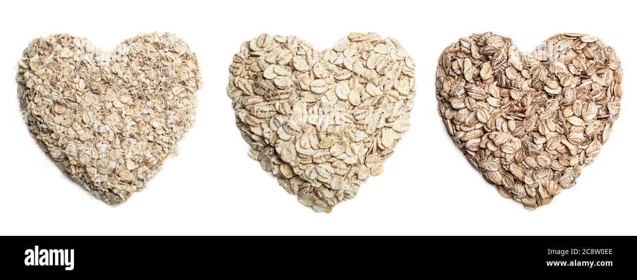 Set of different types of heart shaped oats isolated on white Stock ...