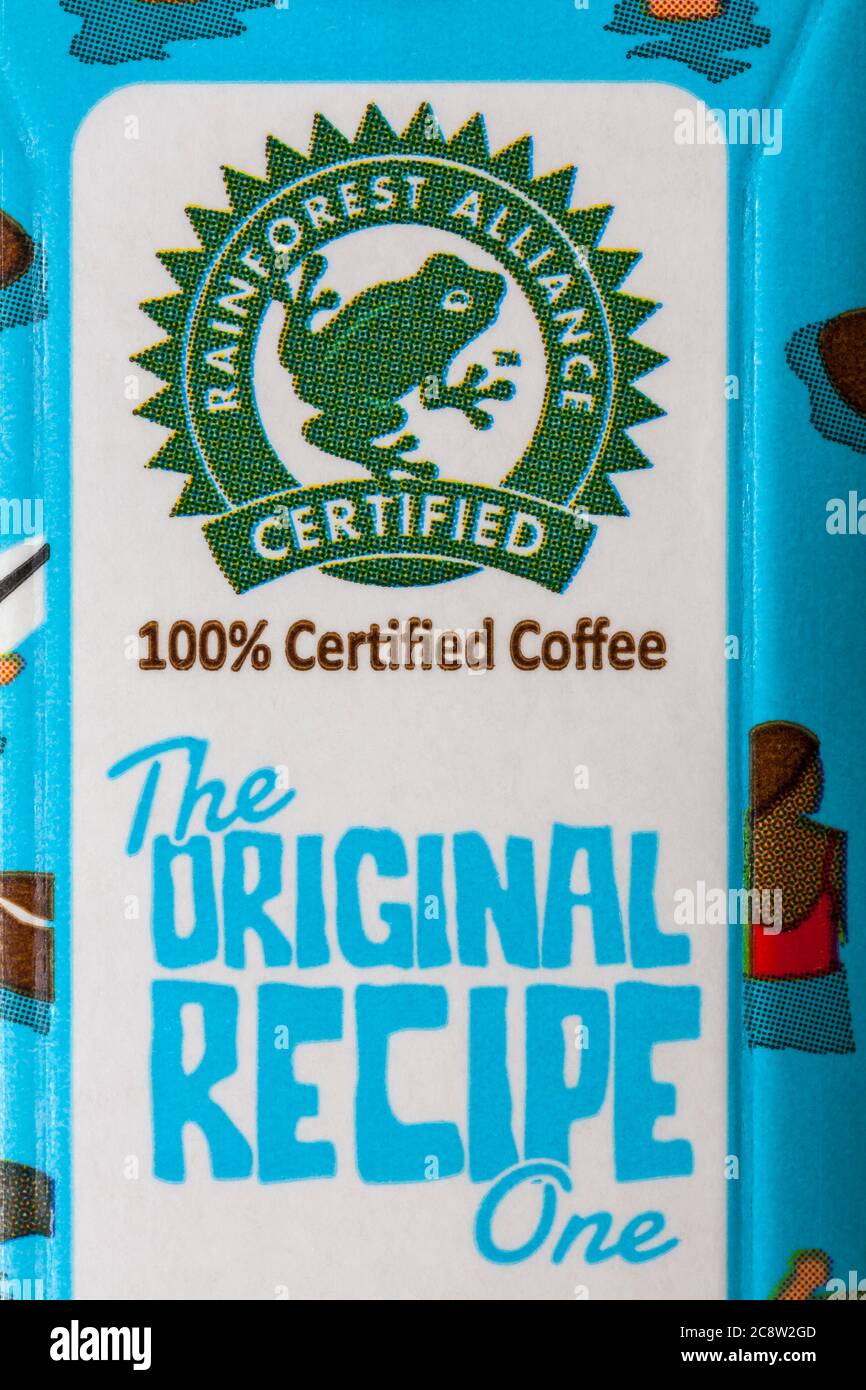 Rainforest Alliance Certified 100% certified coffee detail on carton of ...