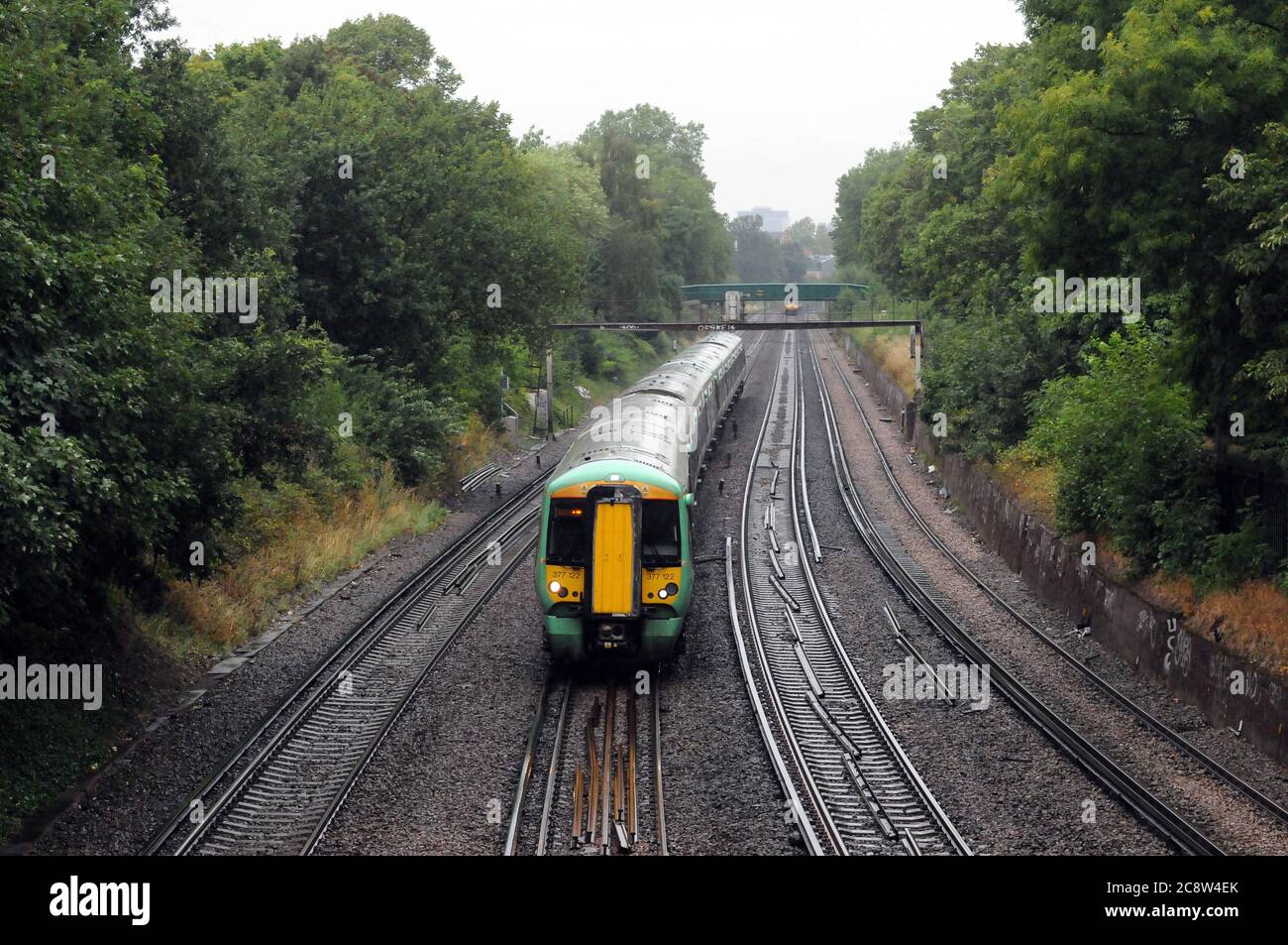 London, UK, 27 July 2020 Wandsworth Common train station deserted ...