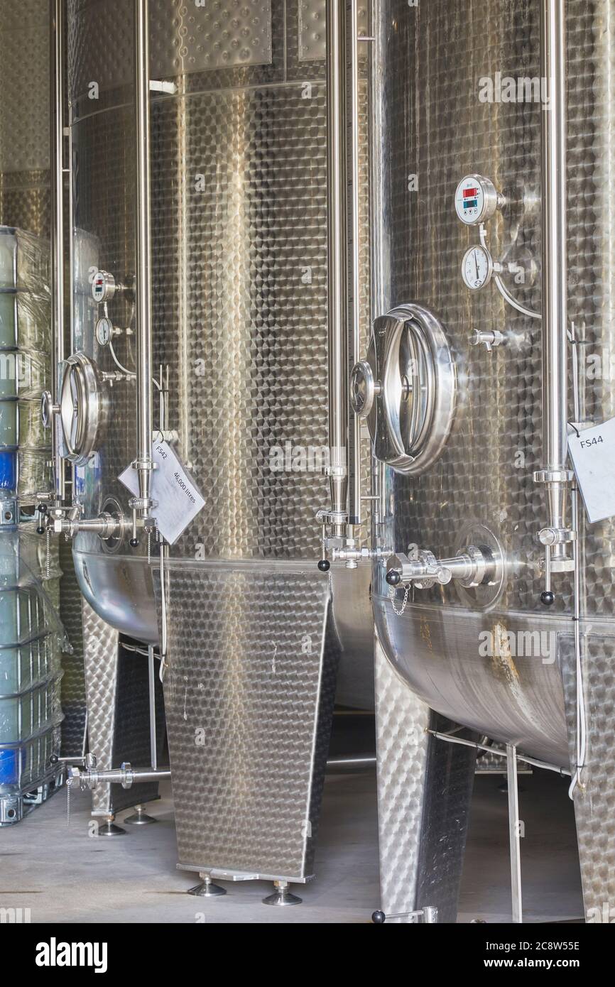 Apple fermentation tanks at a cider factory on a farm near Wellington ...