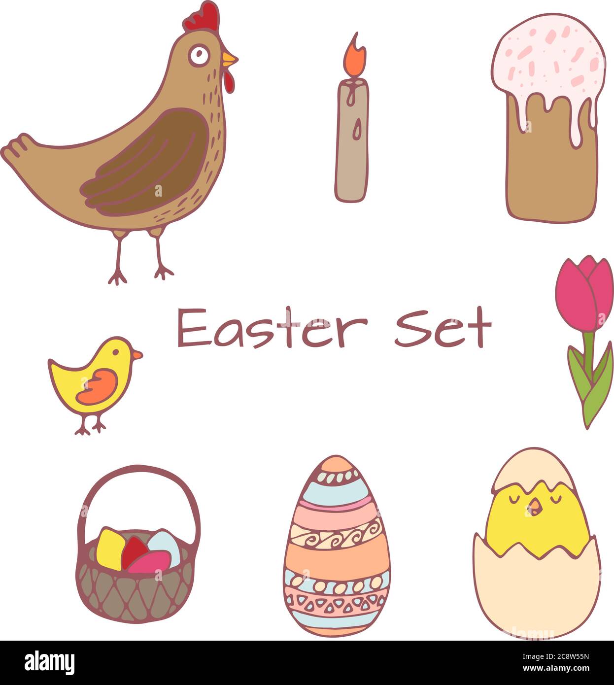 Handrawn clipart with easters elements - ckicken, basket with eggs ...