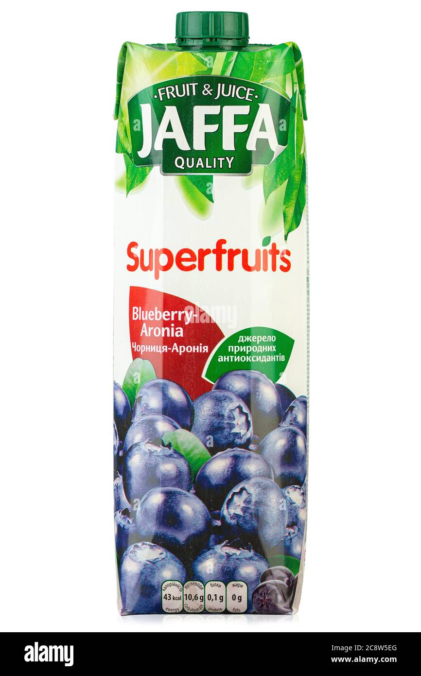 Ukraine, Kyiv - June 14. 2020: Jaffa blueberry-aronia juice packaged ...