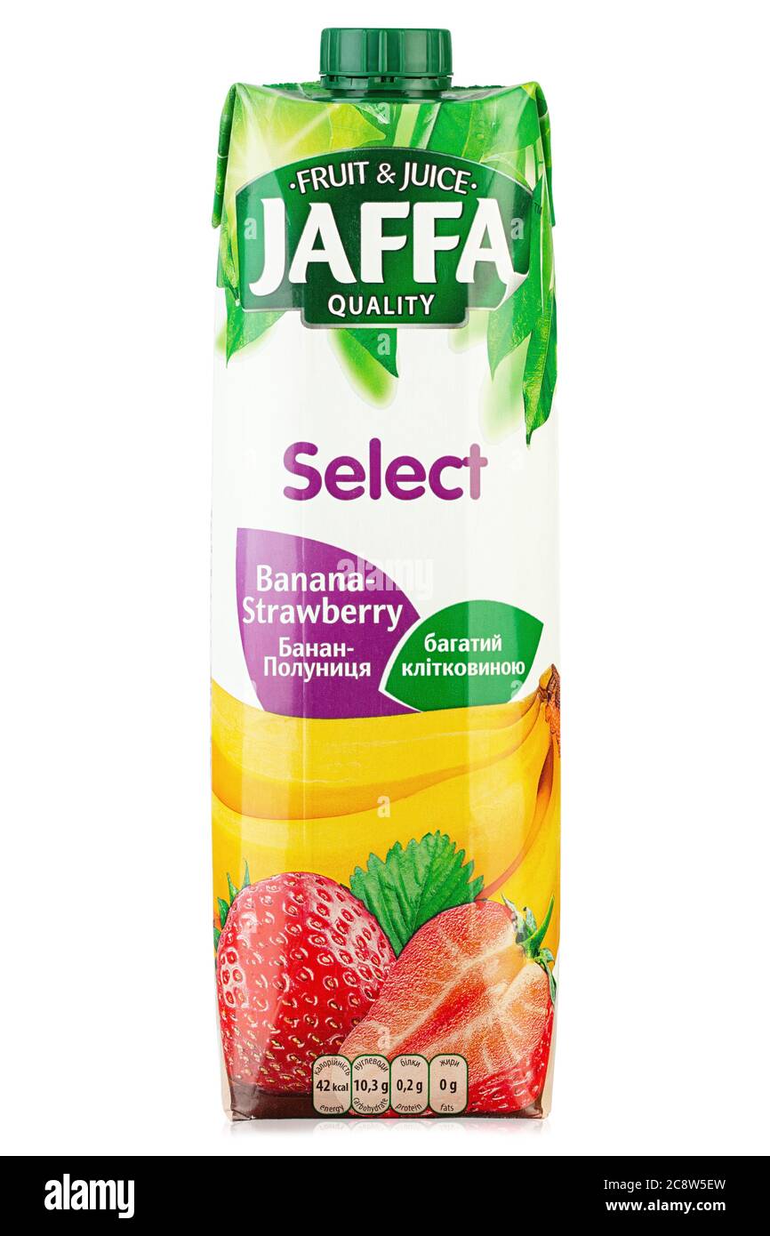Ukraine, Kyiv - June 14. 2020: Jaffa banana-strawberry juice packaged ...