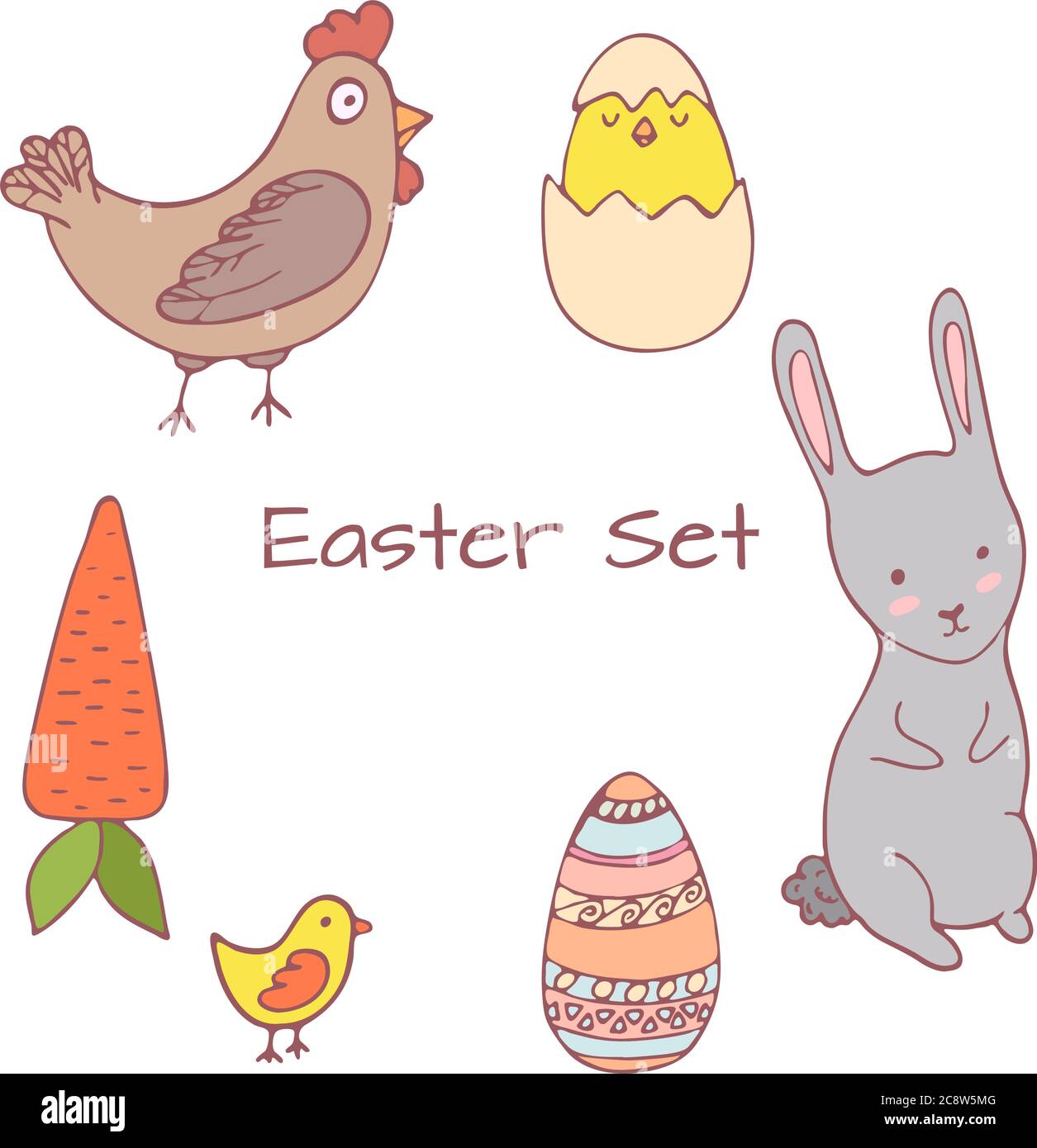 Handrawn clipart with easters elements - chicken, carrot, hen, bunny ...