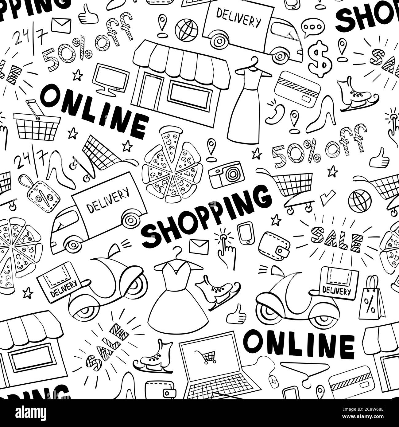 Online shopping hand drawn seamless pattern with lettering. Doodle e ...