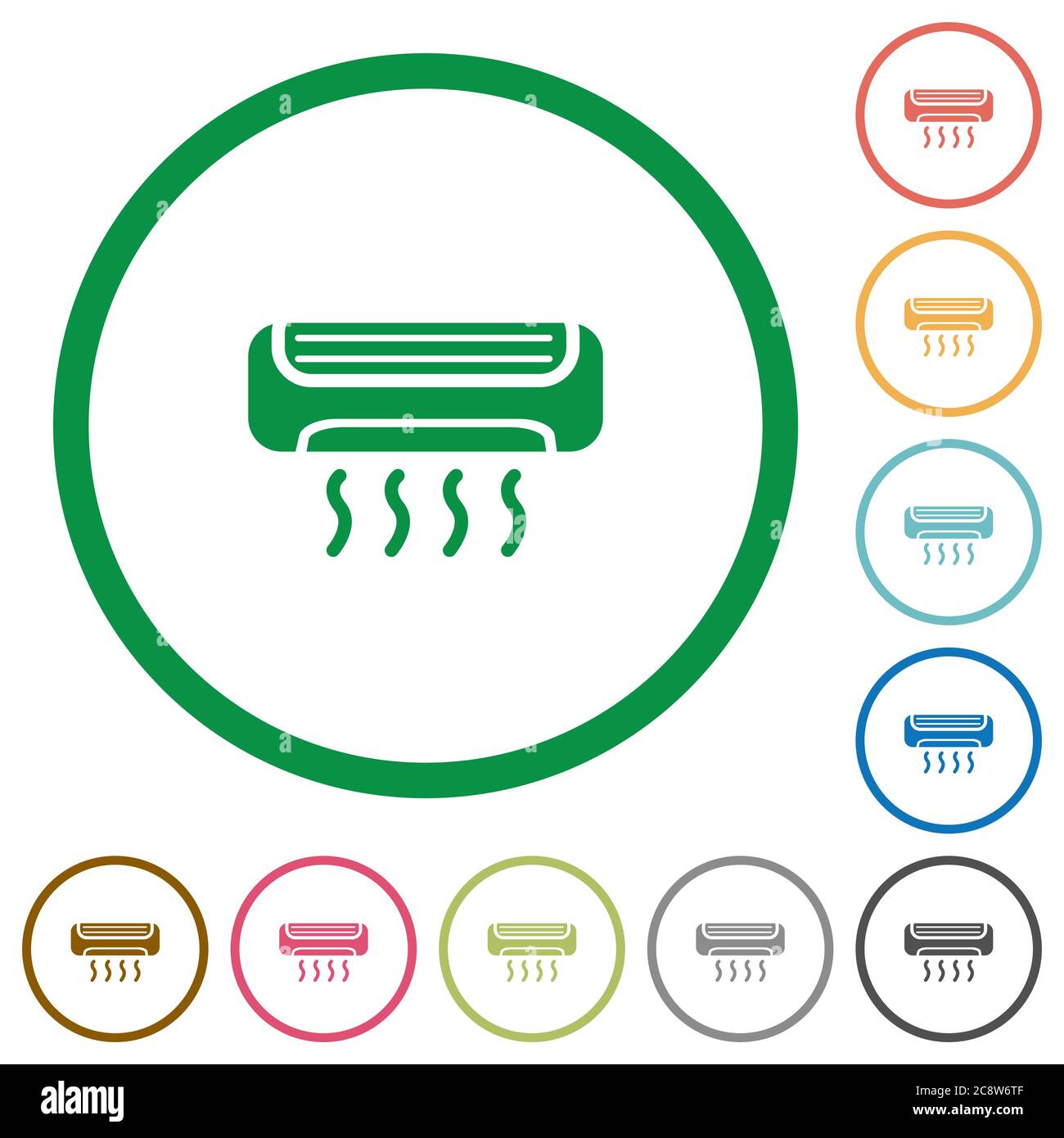 Set of air conditioner color round outlined flat icons on white ...