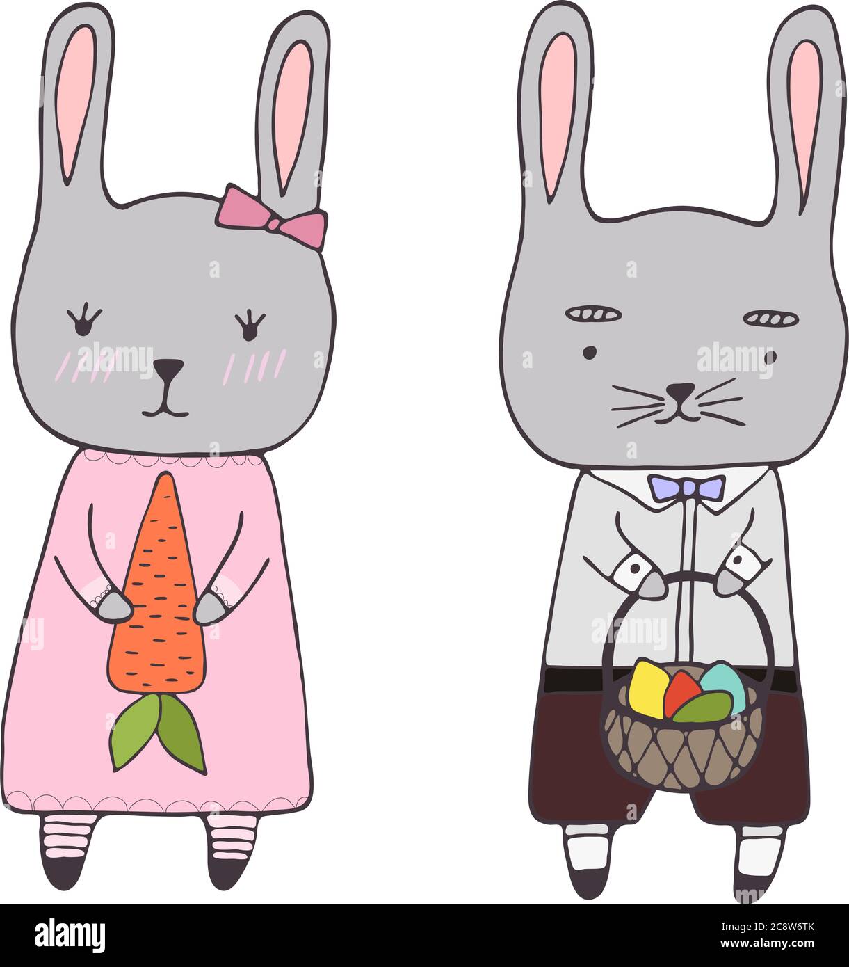 Handrawn clipart with easters elements - bunny girl and boy, carot and ...
