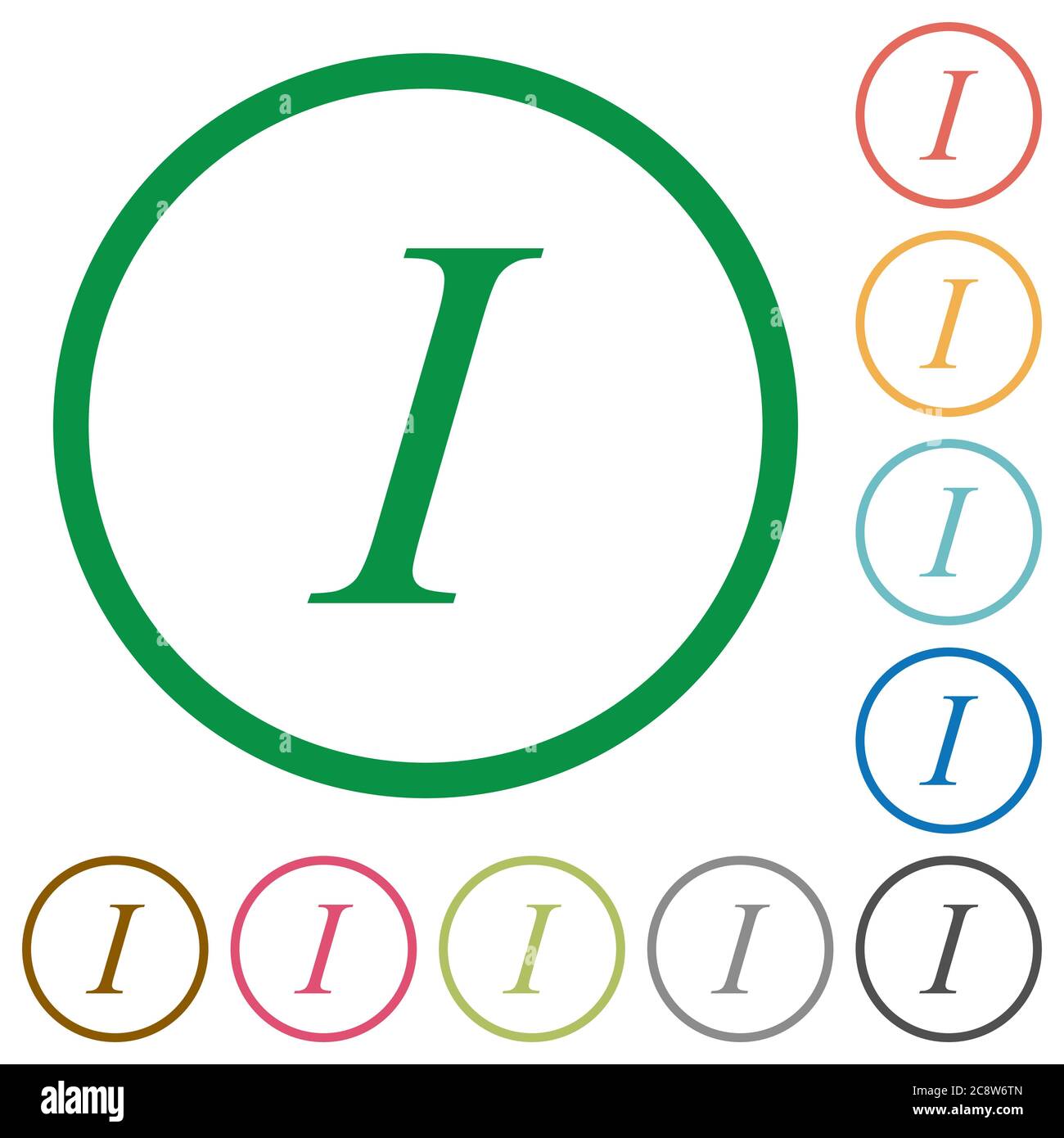 Set of Italic font type color round outlined flat icons on white ...