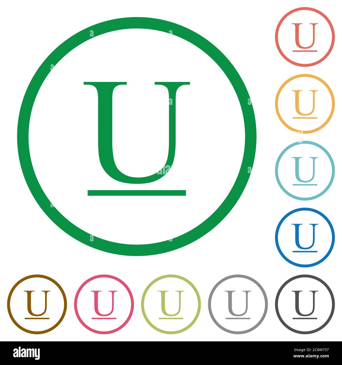 Set of underlined font type color round outlined flat icons on white background Stock Vector ...