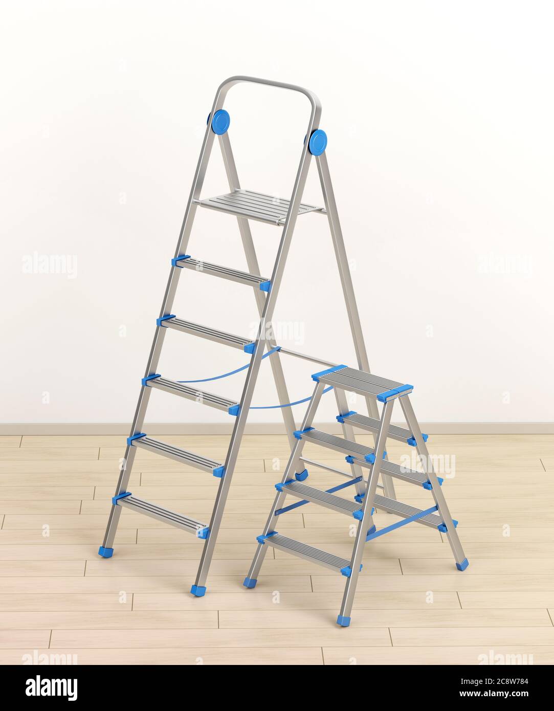 Aluminum ladders with different sizes in the room Stock Photo - Alamy
