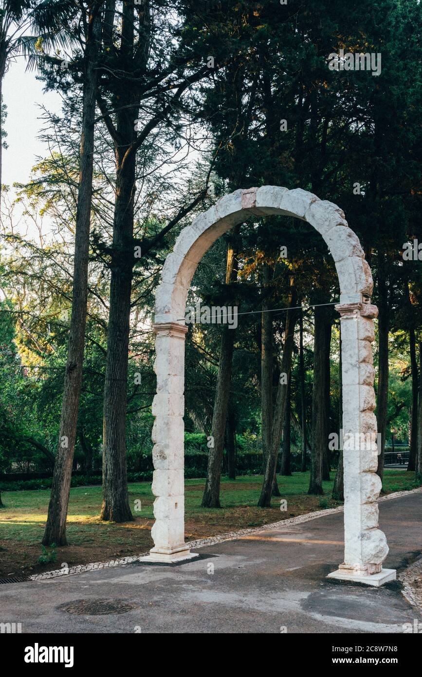 Vertical shot of an entrance arch in a park with tall trees background ...