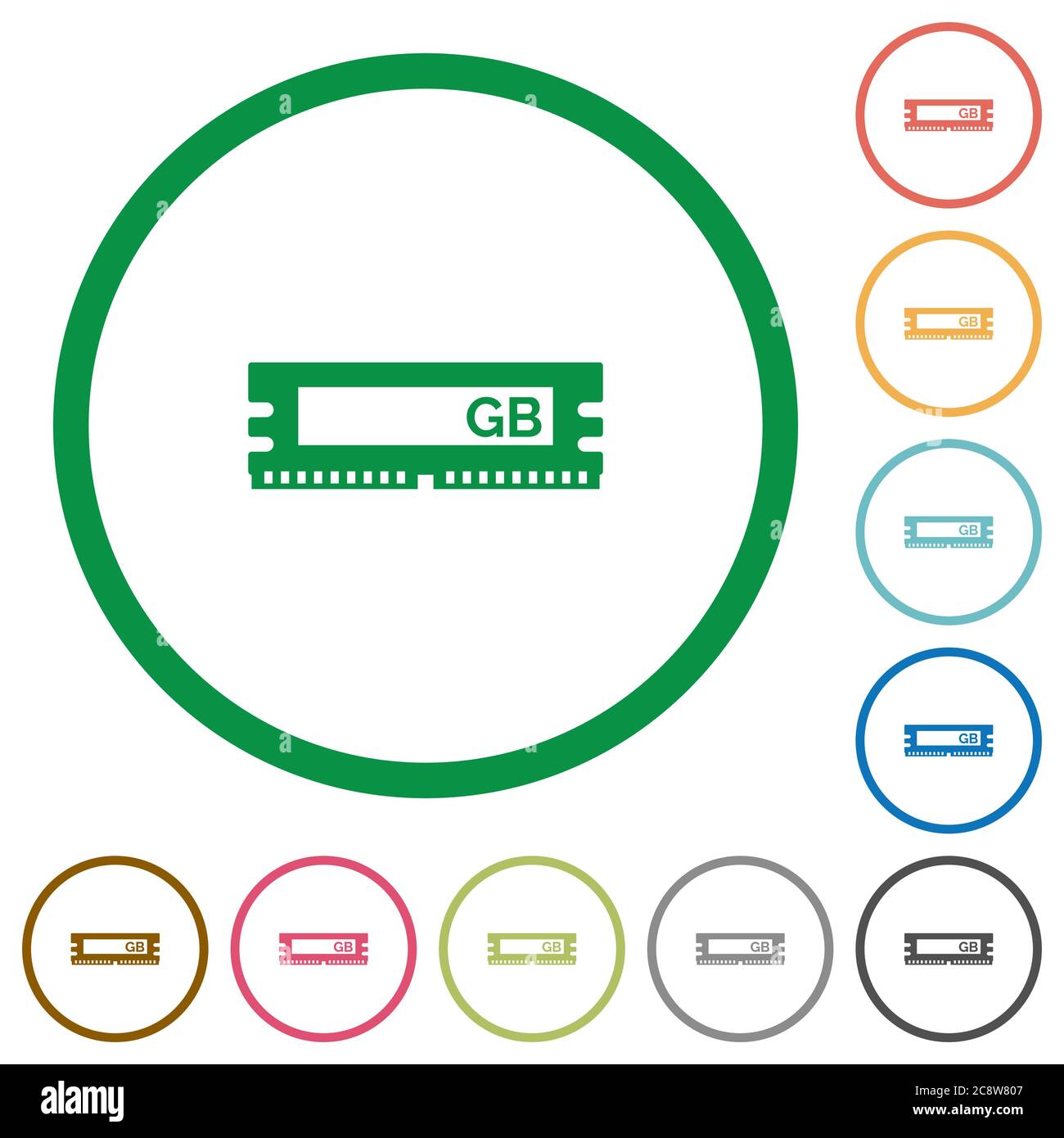 Set of RAM module color round outlined flat icons on white background ...