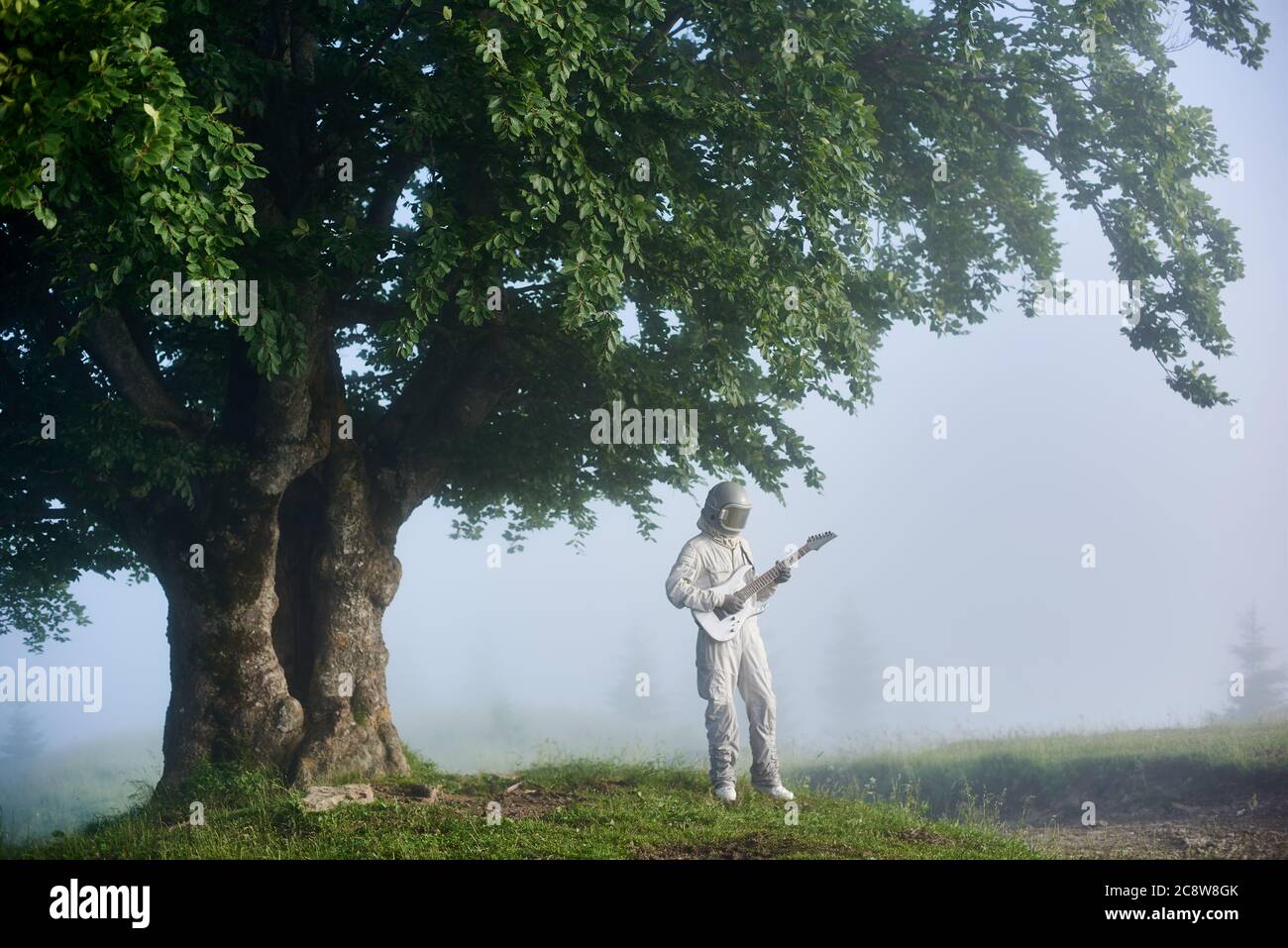 Space traveler playing melody on guitar near large tree with green ...