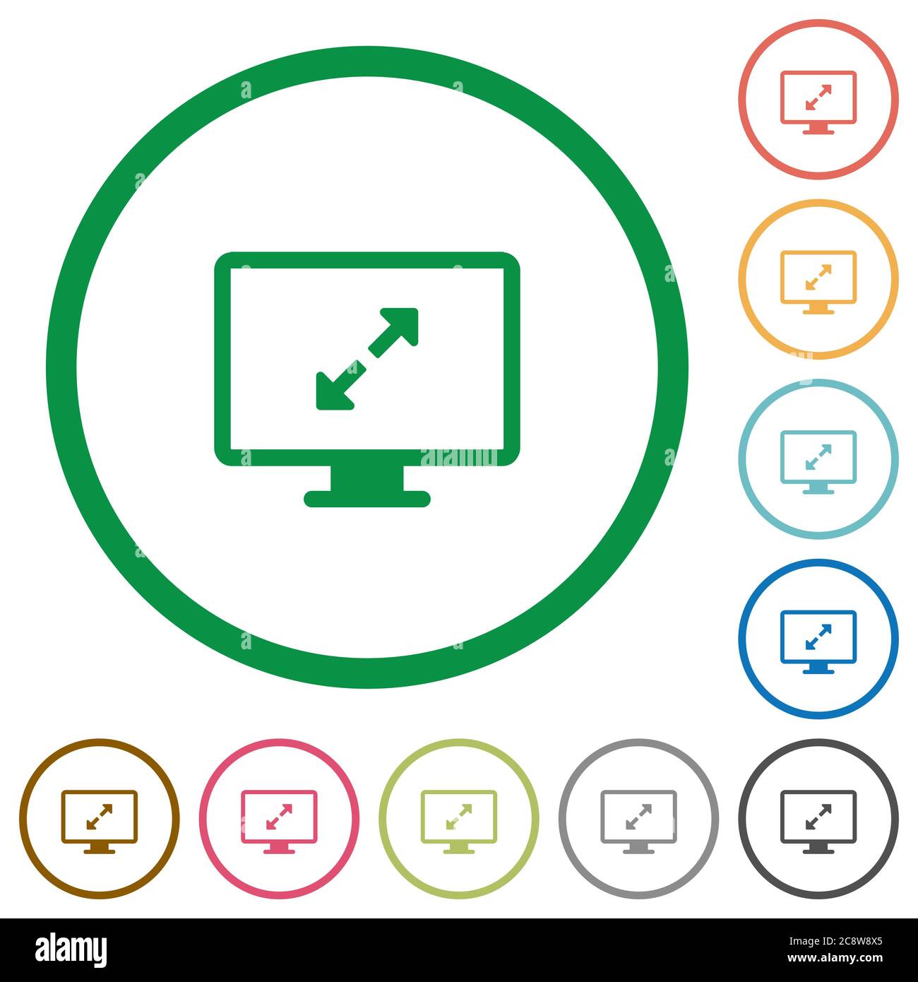 Set of screen resolution color round outlined flat icons on white ...