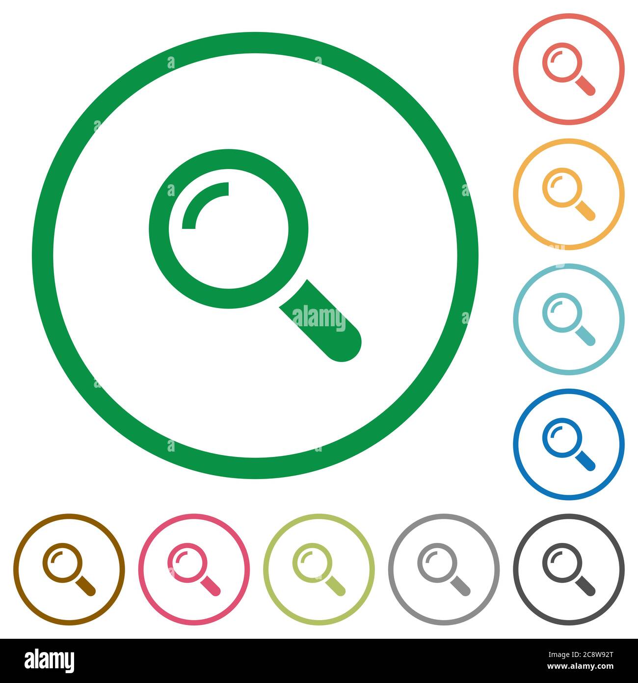 Set of magnifier color round outlined flat icons on white background ...